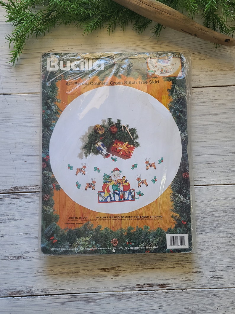 Vintage Bucilla Counted Cross Stitch Tree Skirt Armful of Joy Christmas ...