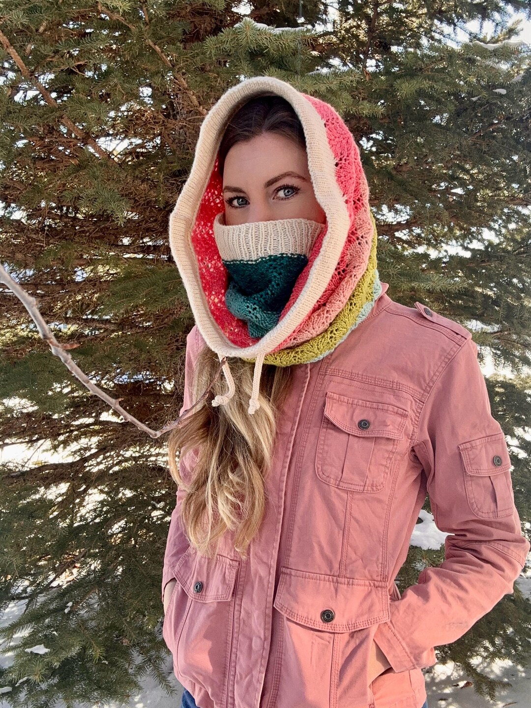 Garden Glam Snood Knitting Pattern: Hooded Cowl Face Covering Lace ...