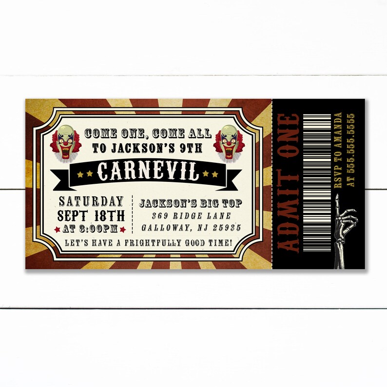 Carnevil Halloween Invitation, Halloween Ticket Invitation, Halloween ...