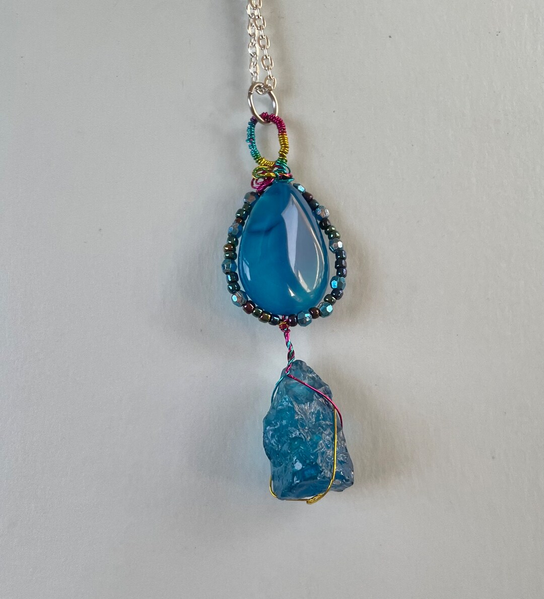 Blue Crystal Gemstone Pendant, Mystical Blue Gemstone Pendant, Rainbow ...