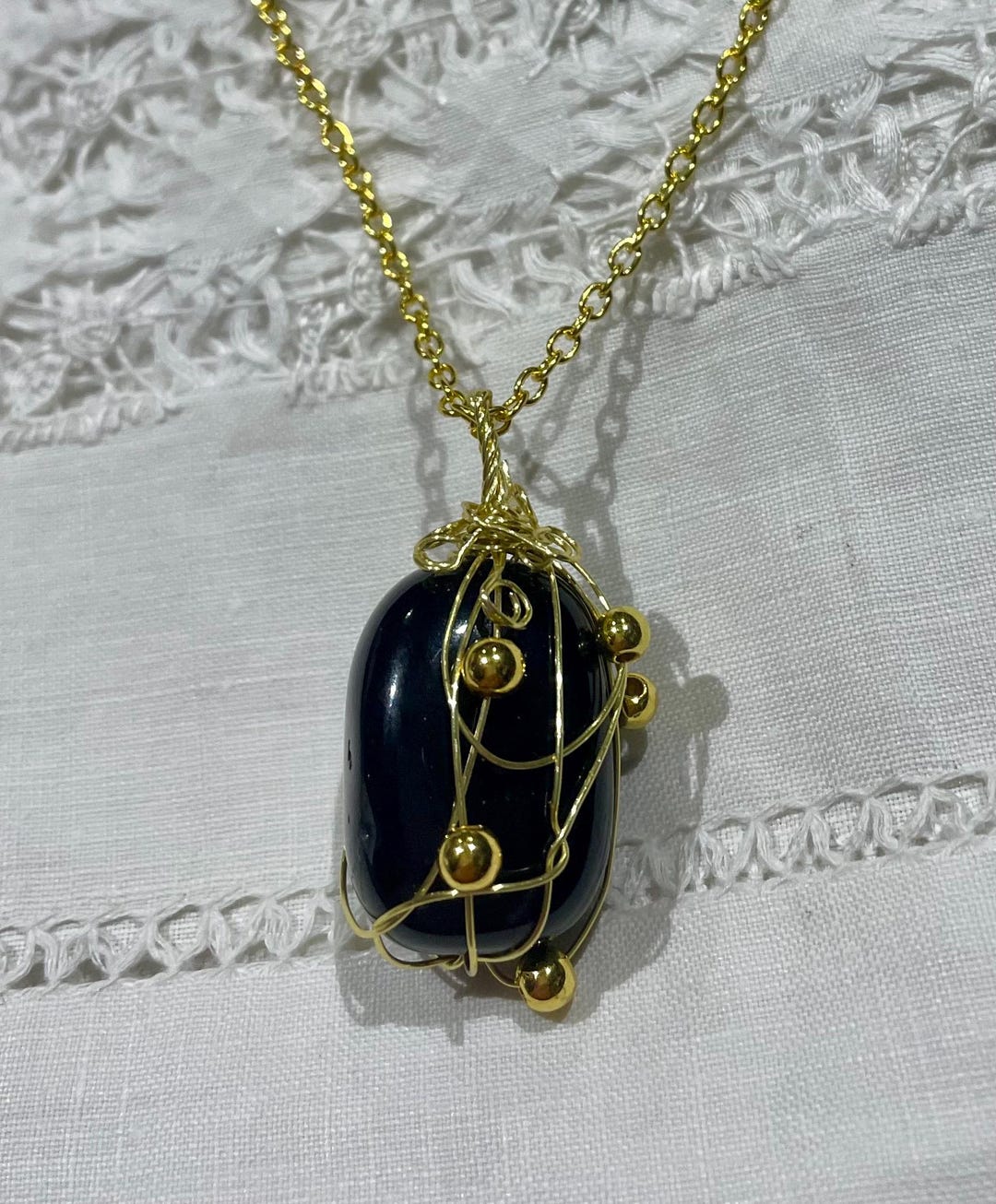Obsidian Pendant With Gold Plated Wire and Beads - Etsy