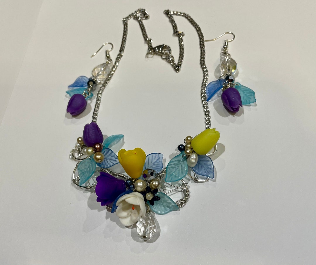 Spring Flower Necklace and Earring Set, Spring Flowers Necklace, Crocus ...