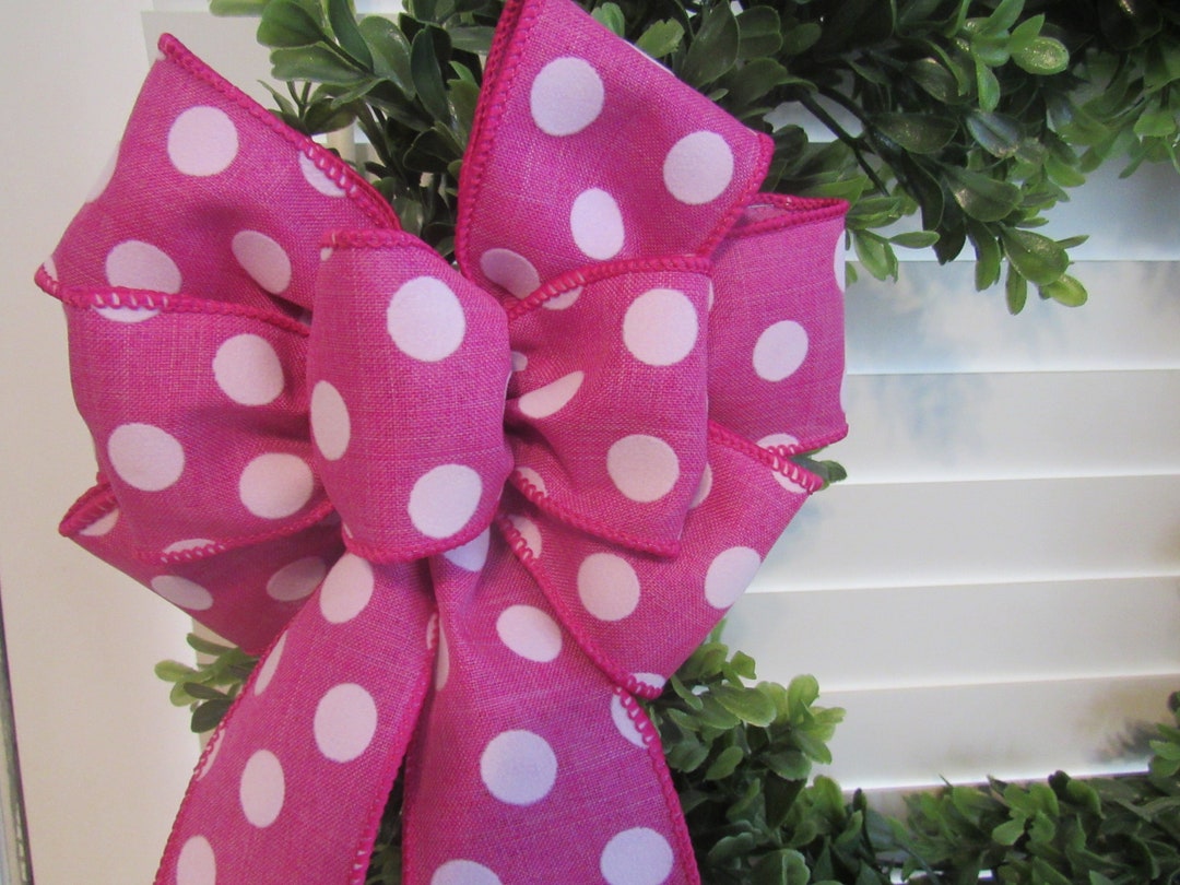 Wreath Bow, Spring Bow, Summer Bow, Hot Pink Woven Ribbon With White ...