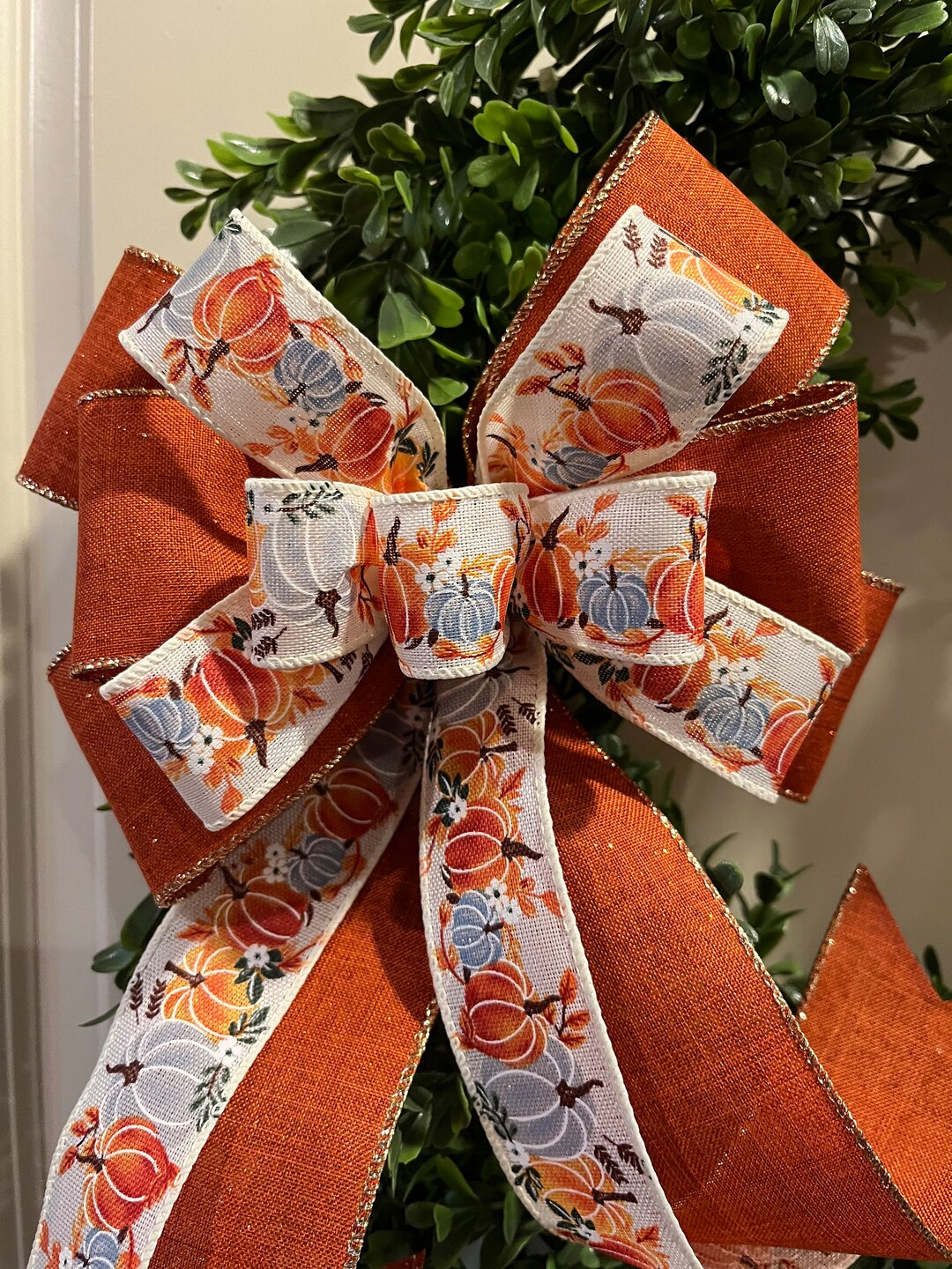 Decorative Fall Wreath Bow, 2 Coordinating Ribbons Hand Tied to Make 13 ...