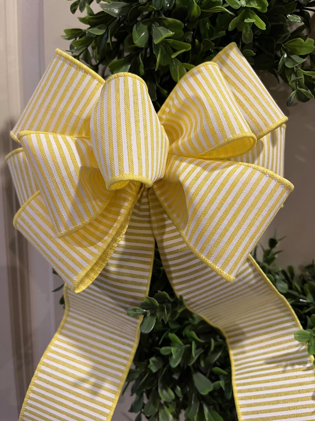 Decorative Bow, Yellow and White Stripe Canvas Wire Edged Bow, Wreath ...
