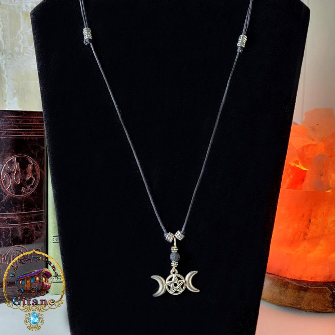 Black Necklace, Triple Moon With Pentacle and Black Tektite - Etsy