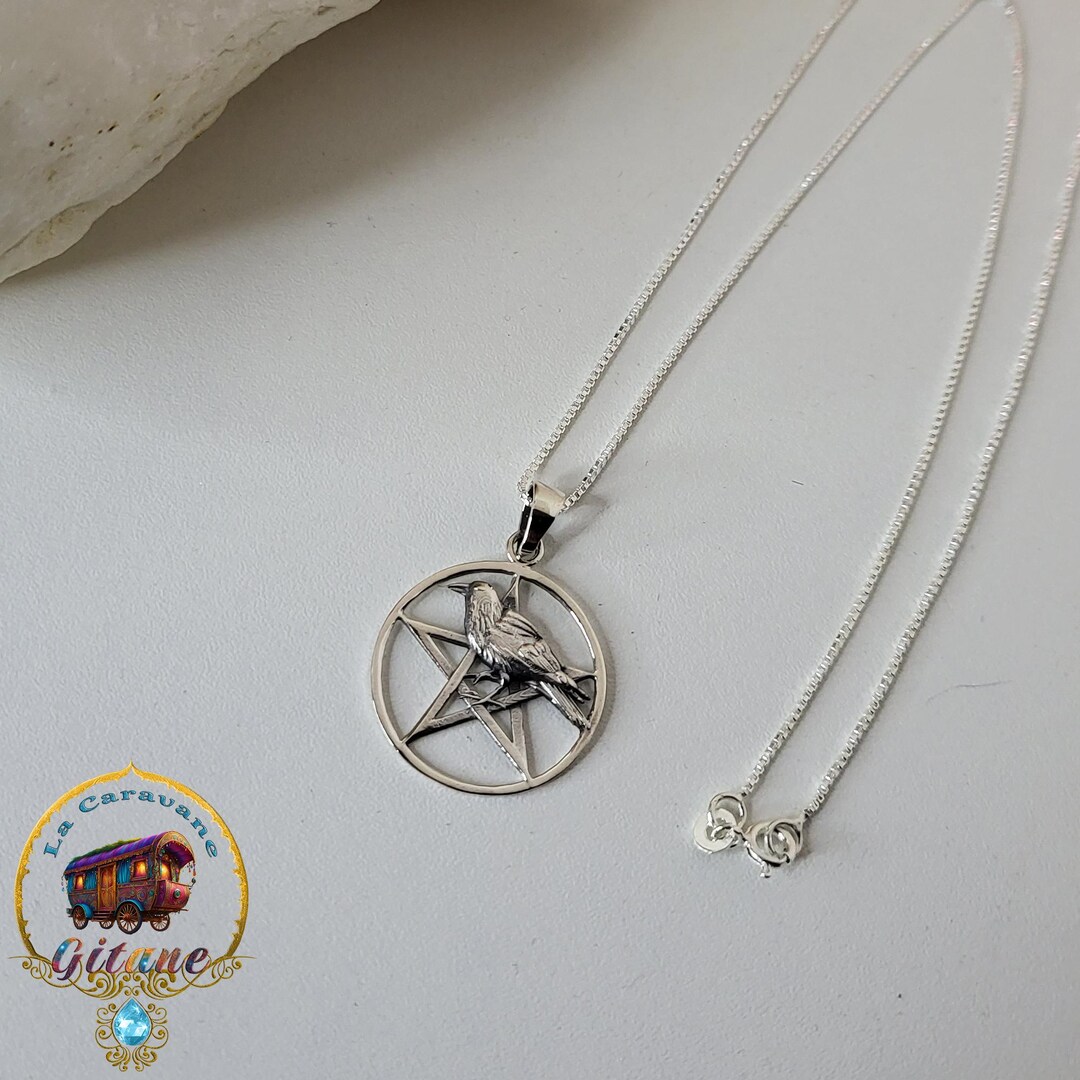 925 Silver Sterling Crow and a Pentacle Charm With Fine Square Chain - Etsy