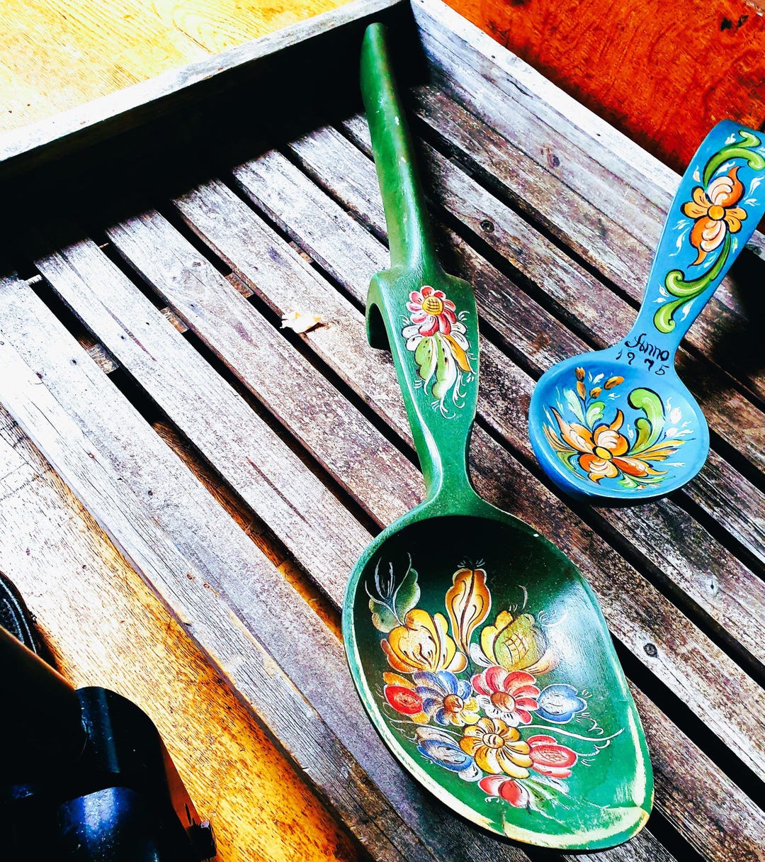 Hand Carved Wood Spoons: Vintage Norwegian Rosemaling Folk Art - Signed ...