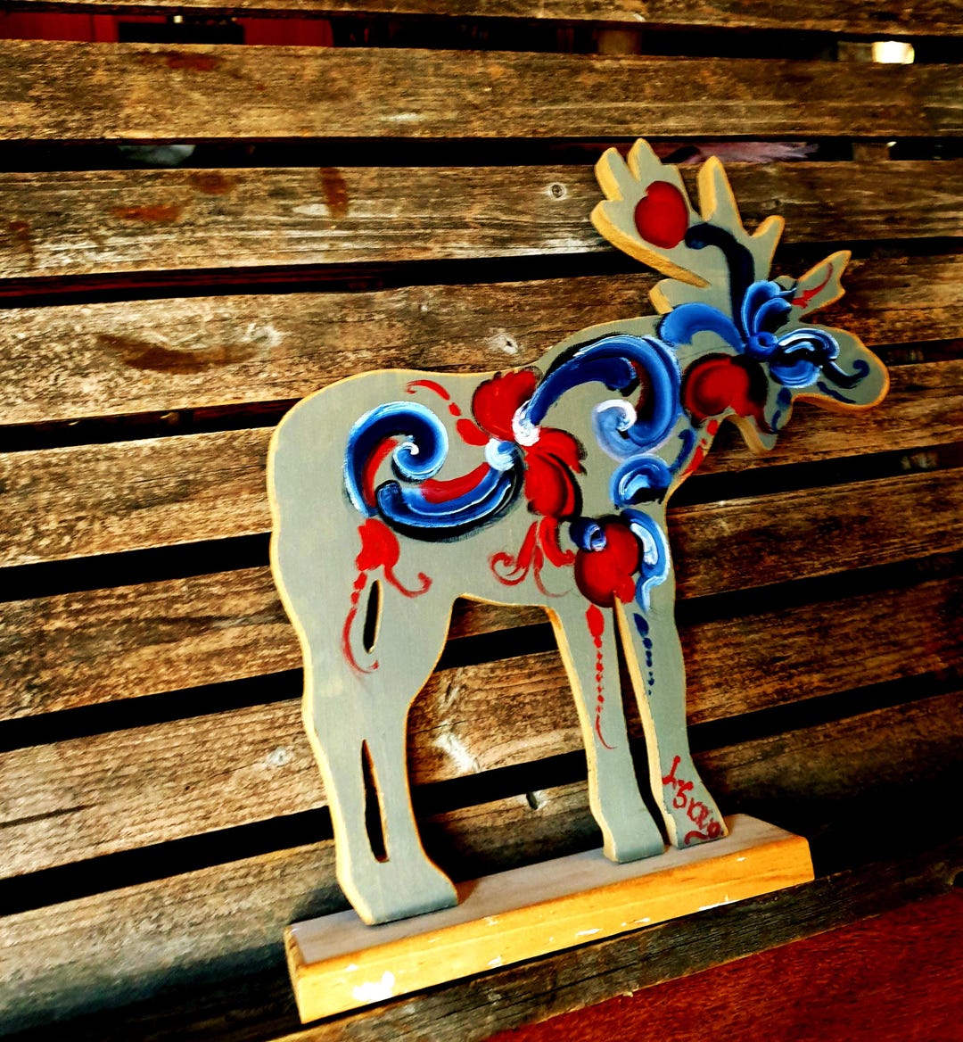 Norwegian MOOSE Handpainted Folk Decor Rosemaling Scandinavian Nordic ...