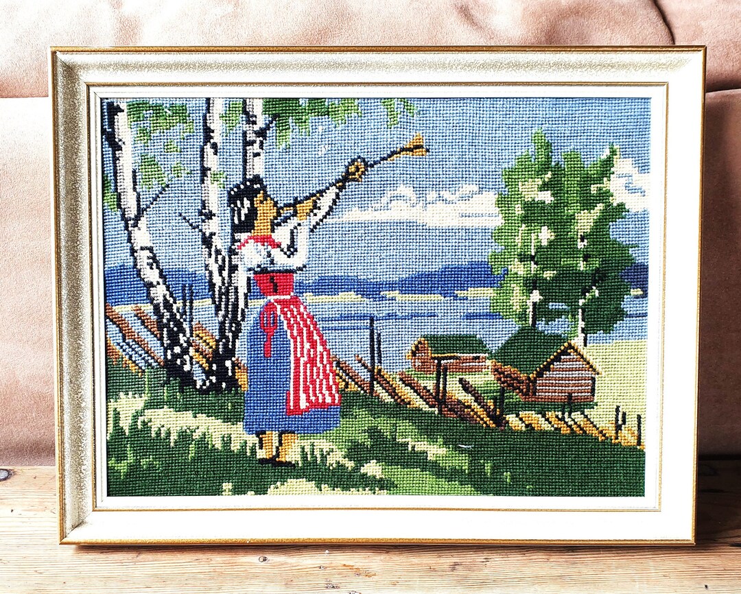 Norwegian Girl With LUR Hand-embroidered Picture Original Frame Nordic ...