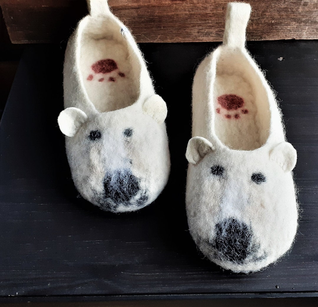 Eco Wool Felted Polar Bear Slippers Norwegian Sheep Wool Warm Handmade ...