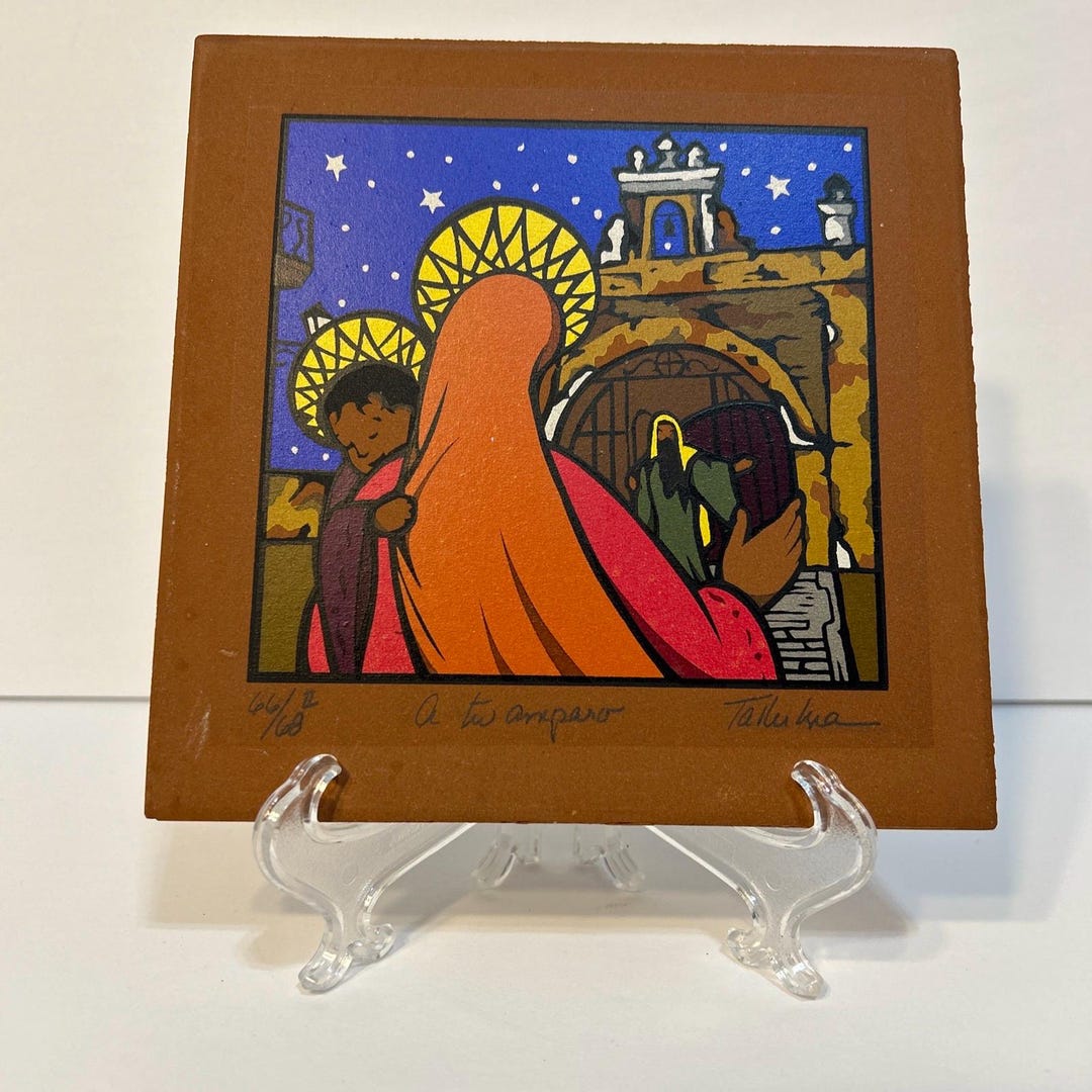 Rare Limited Hand-painted Clay Tile Madonna & Child Seeking Shelter ...