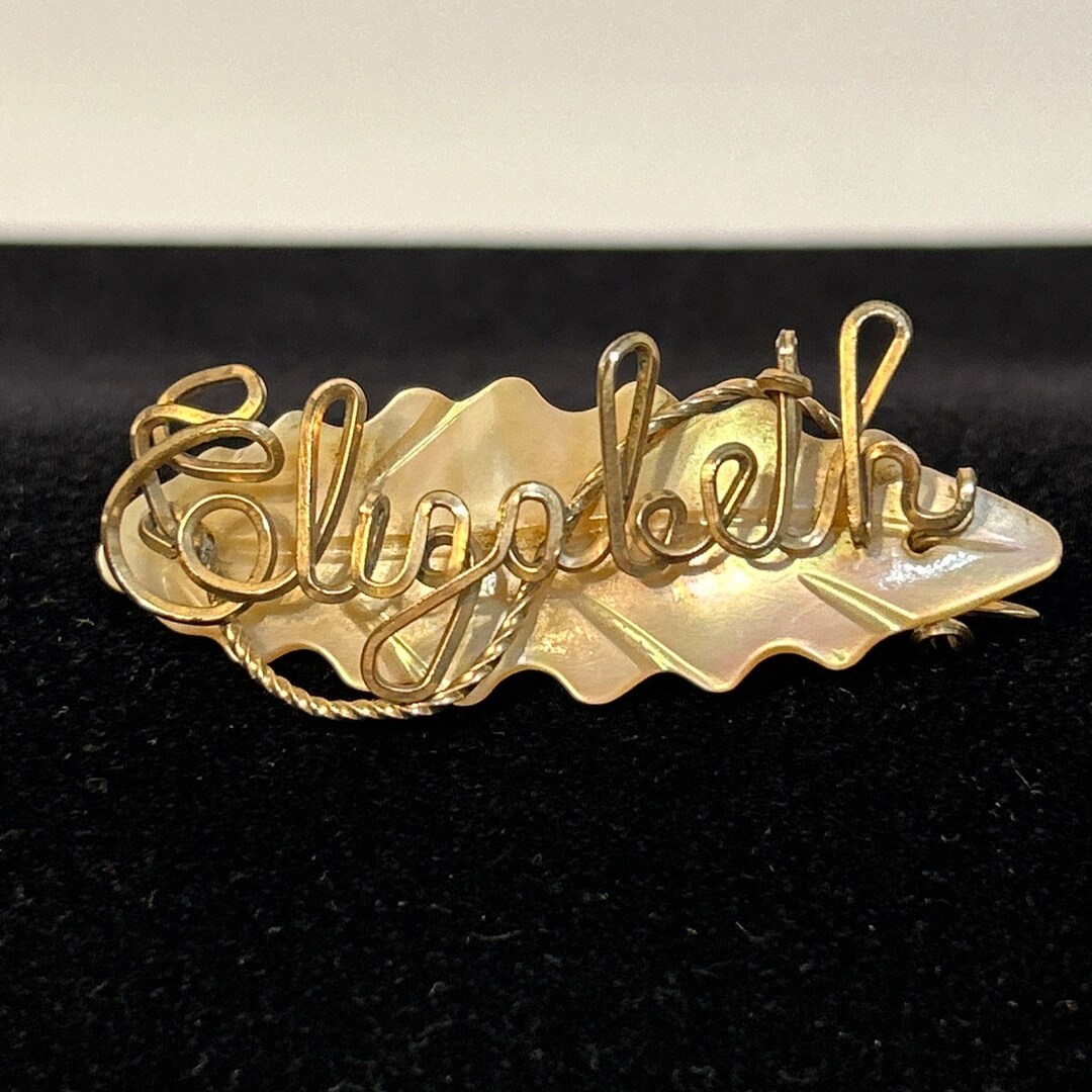 Vintage ELIZABETH Name Cursive Pin Brooch Gold Tone on Mother of Pearl ...
