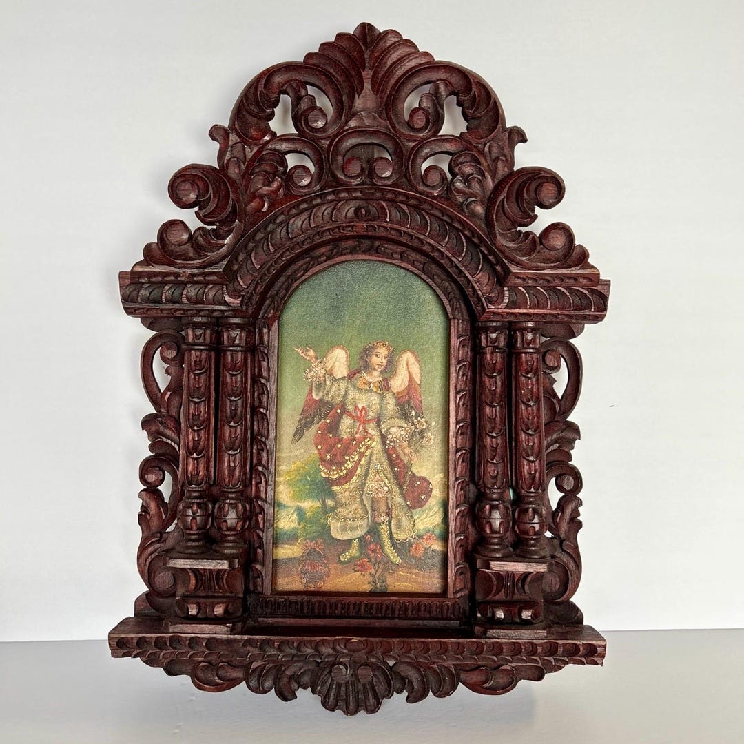 Vintage Religious Retablo Archangel Ariel Oil on Canvas Spanish ...