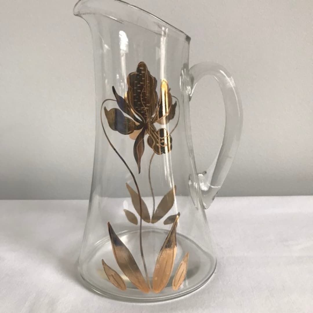 Mid Century 50's Tall Glass Pitcher With Gold Leaf Floral Iris Design ...