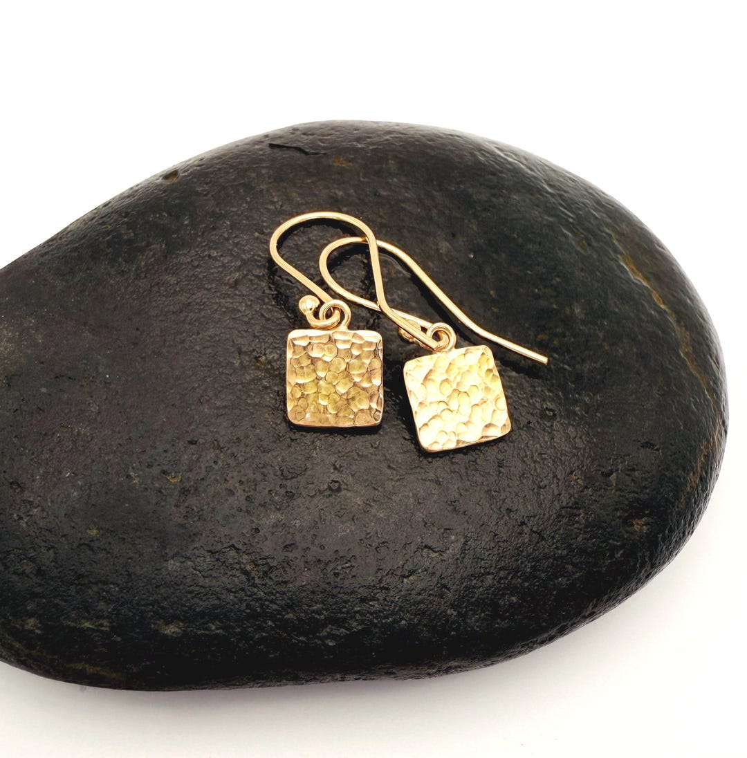 14k Solid Gold Square Dangle Earrings: Hammered Texture - Etsy