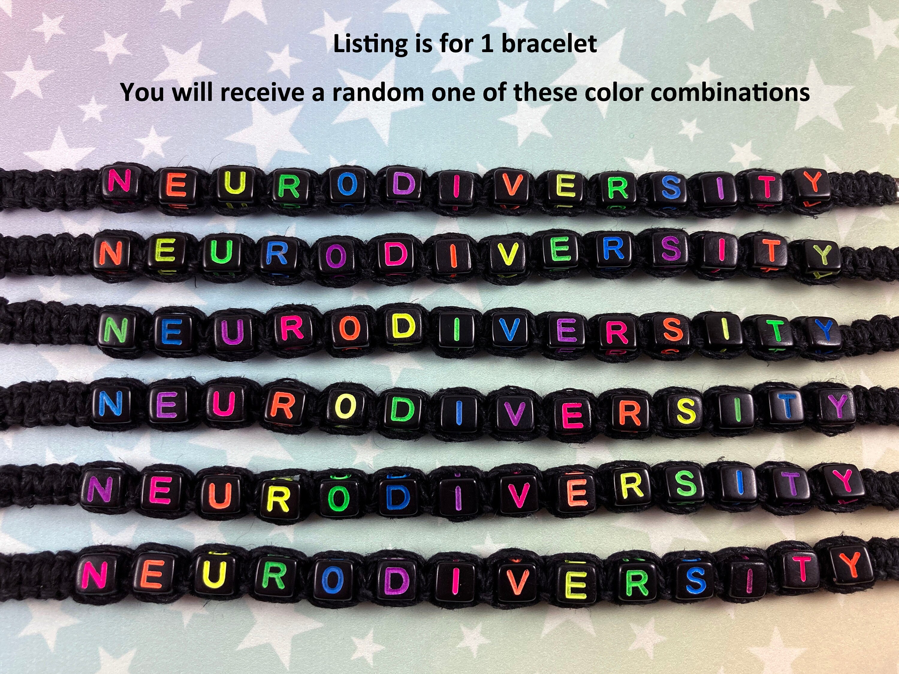 Hemp Bracelet - NEURODIVERSITY - Rainbow Alphabet Beads - Black Hemp ...