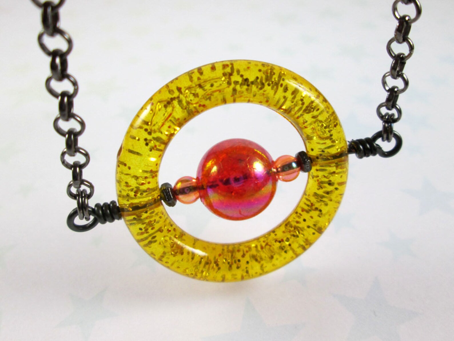 Saturn Spinner Pendant Necklace | Gold Orange Red Glitter | Long Chain ...