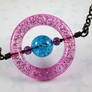 Saturn Spinner Pendant Necklace | Pink Blue Purple Glitter | Long Chain ...