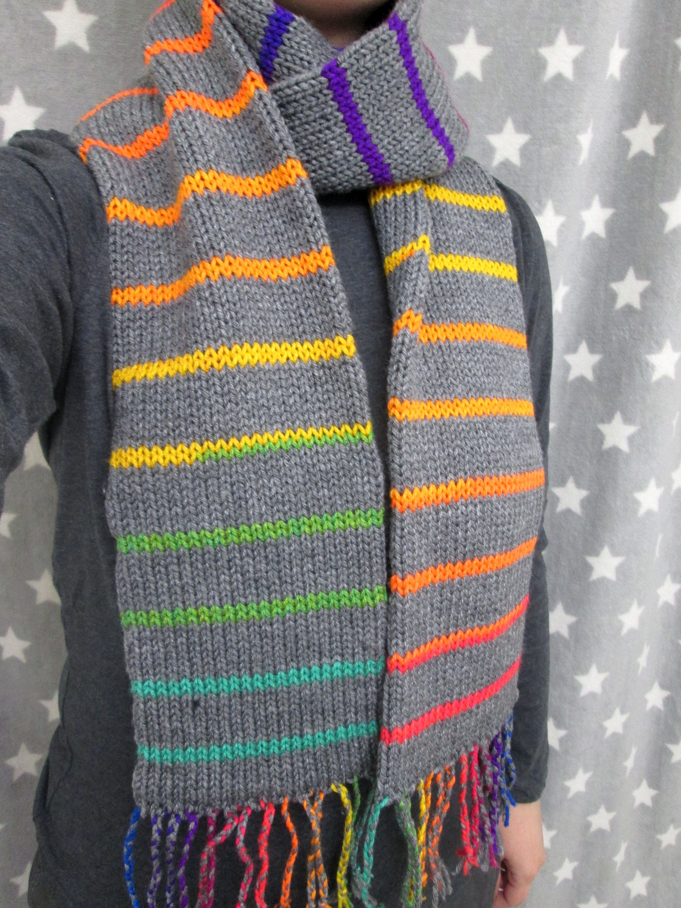 Rainbow Scarf - Grey With Rainbow Stripes - Acrylic