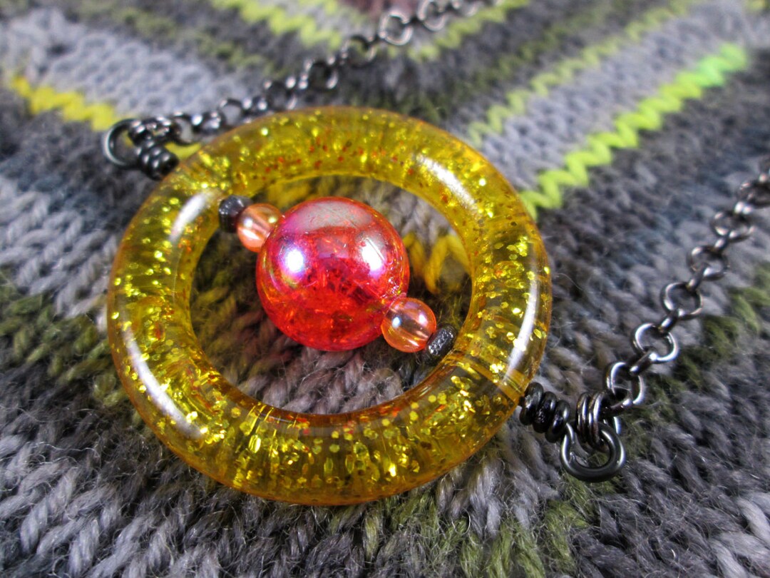 Saturn Spinner Pendant Necklace | Gold Orange Red Glitter | Long Chain ...