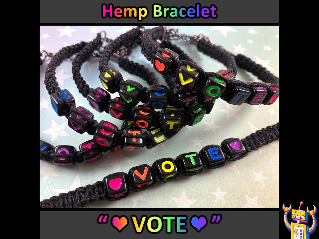 VOTE Hemp Bracelet | Rainbow Alphabet Beads | Black Hemp | 1 Bracelet ...
