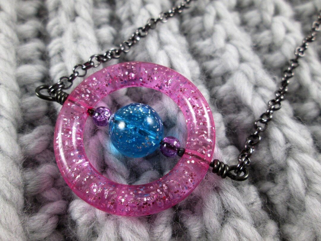 Saturn Spinner Pendant Necklace | Pink Blue Purple Glitter | Long Chain ...