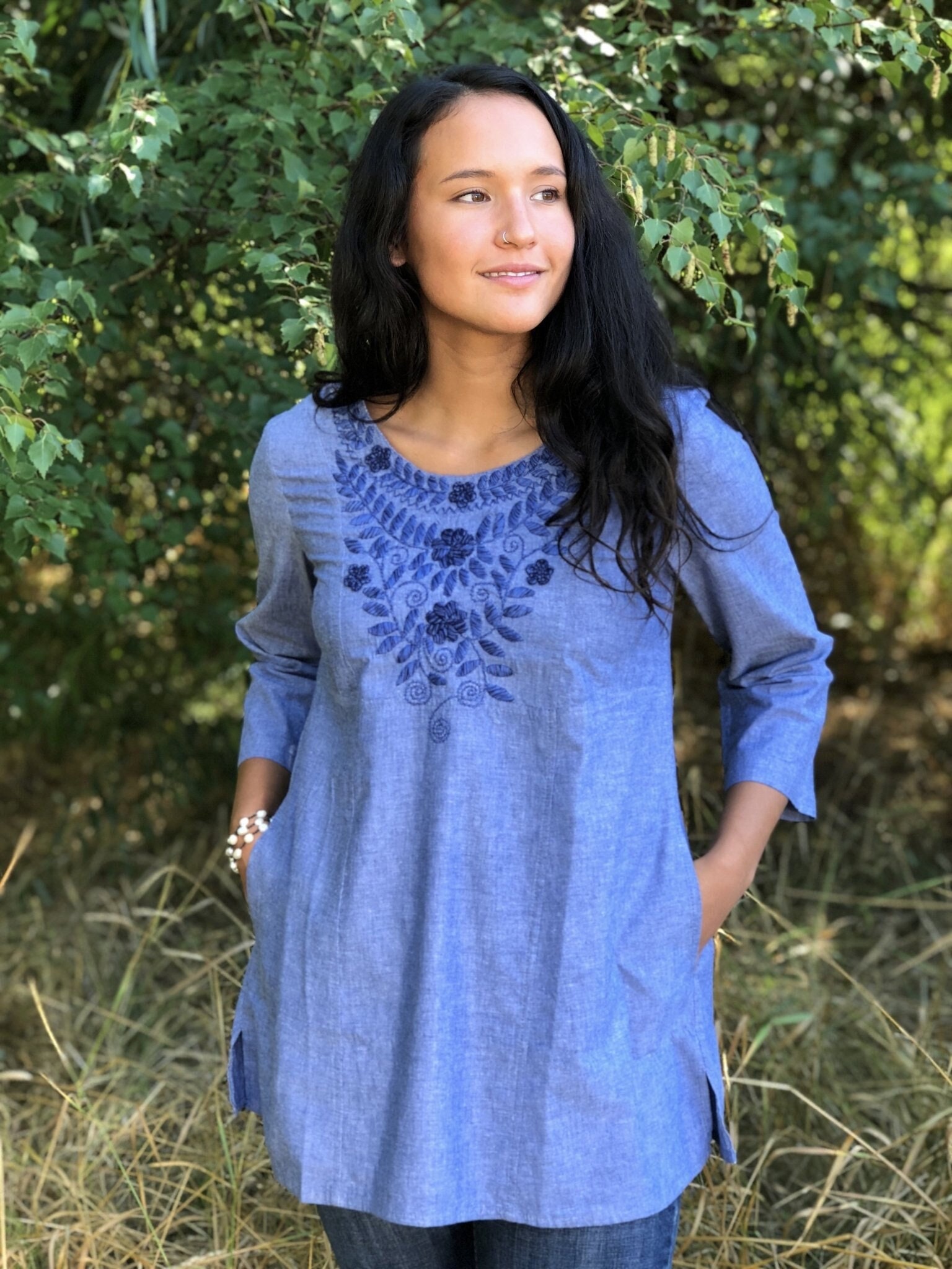 Laura Blue Chambray Tunic. Tonal Blue Floral Hand Embroidery From ...