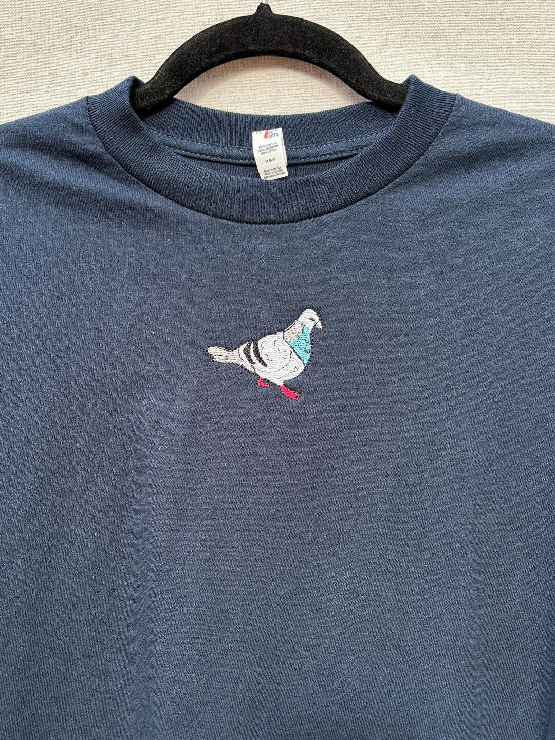 Pigeon Tee - Long Sleeve, Navy. Embroidered Pigeon T-shirt - Etsy
