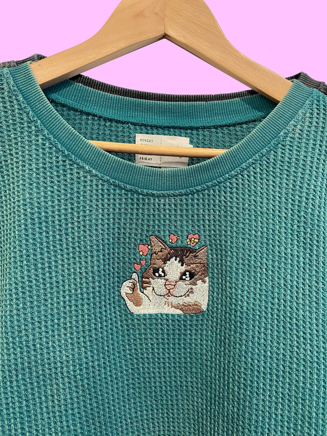 Embroidered Crying Cat Meme Waffle Knit Sweater - Size S - Etsy