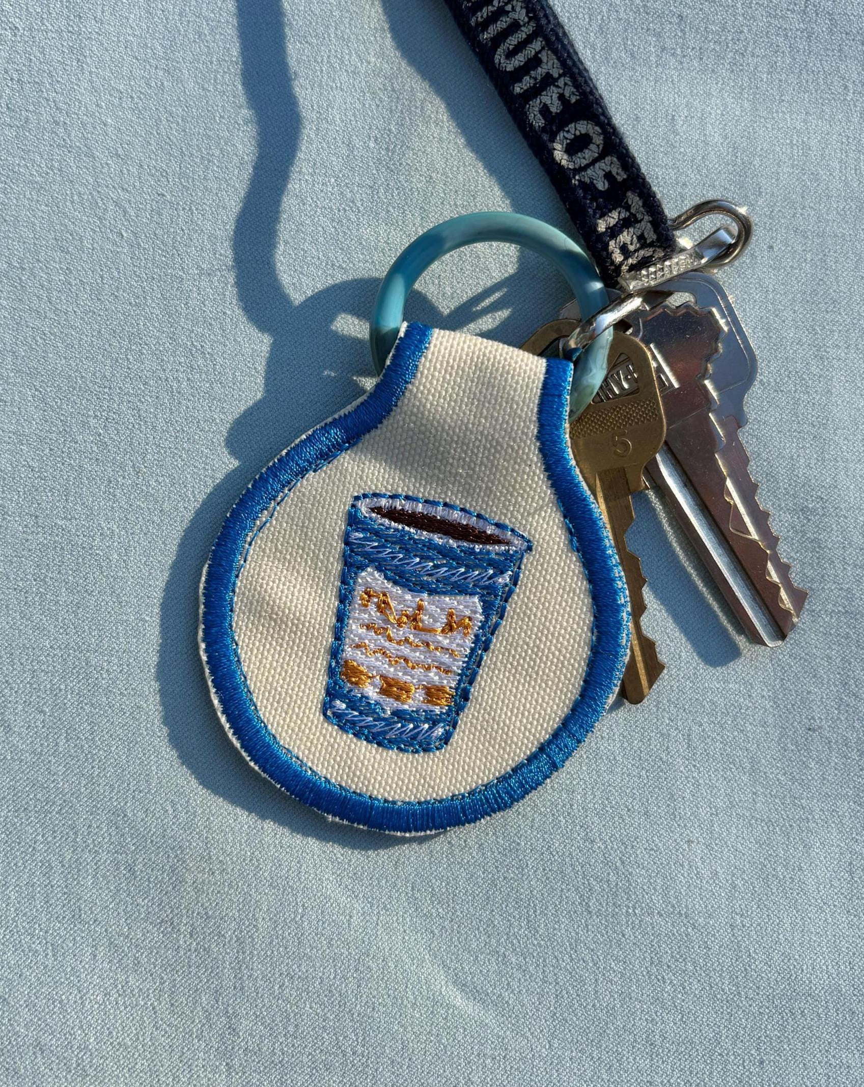 Embroidered NYC Coffee Cup Keychain: Recycled Fabric & Ring - Etsy