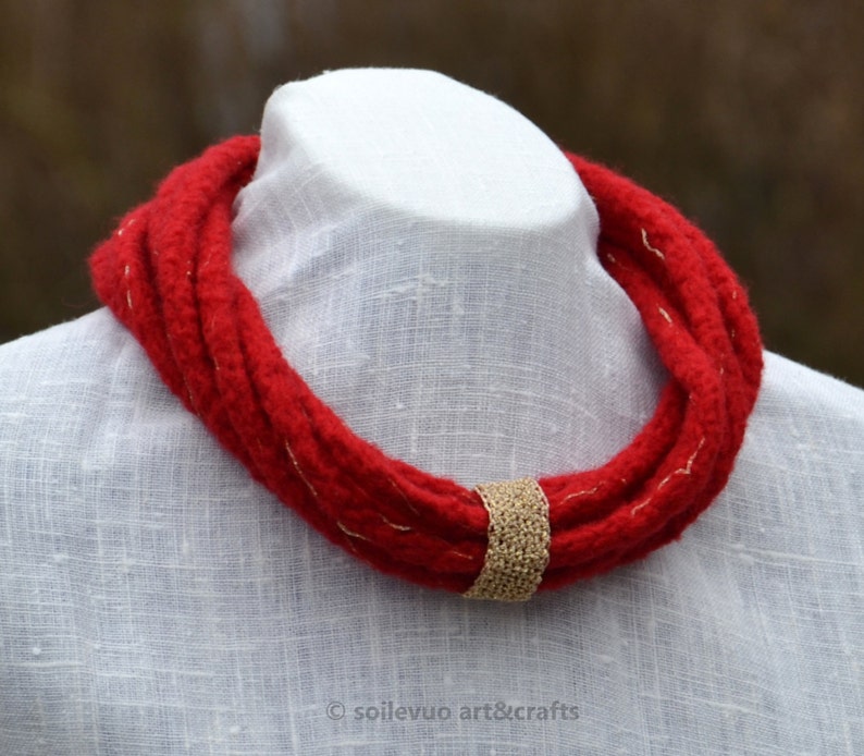 Red Wool Rope Necklace With Gold Colored Effects - Etsy