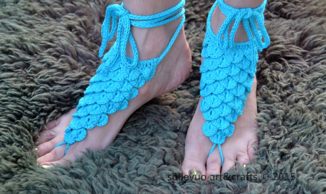 Dragon Scale Barefoot Sandals Made of Teal Cotton Yarn Mermaid - Etsy