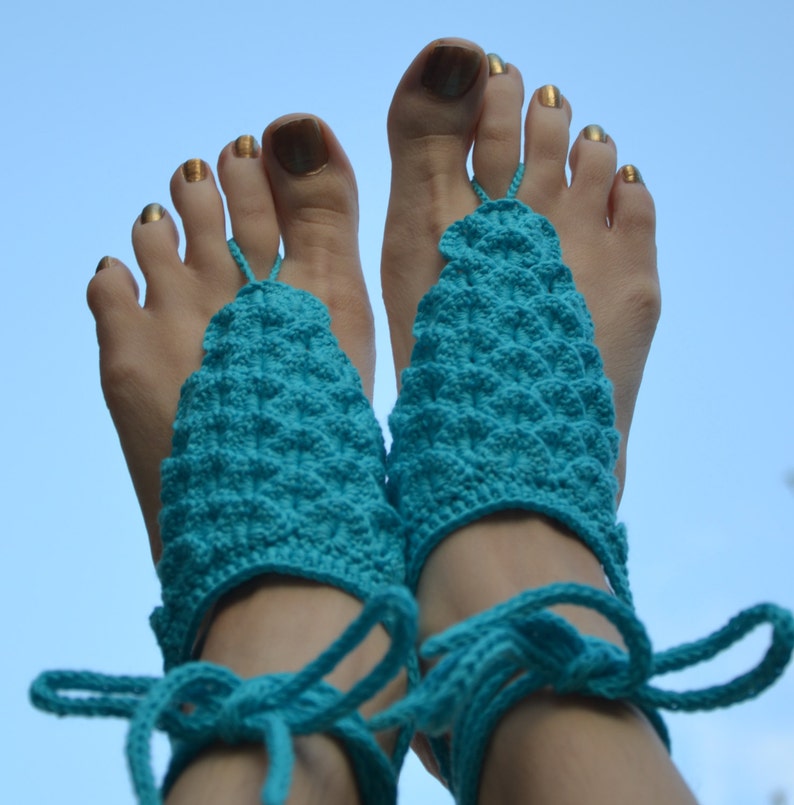 Dragon Scale Barefoot Sandals Made of Teal Cotton Yarn Mermaid - Etsy