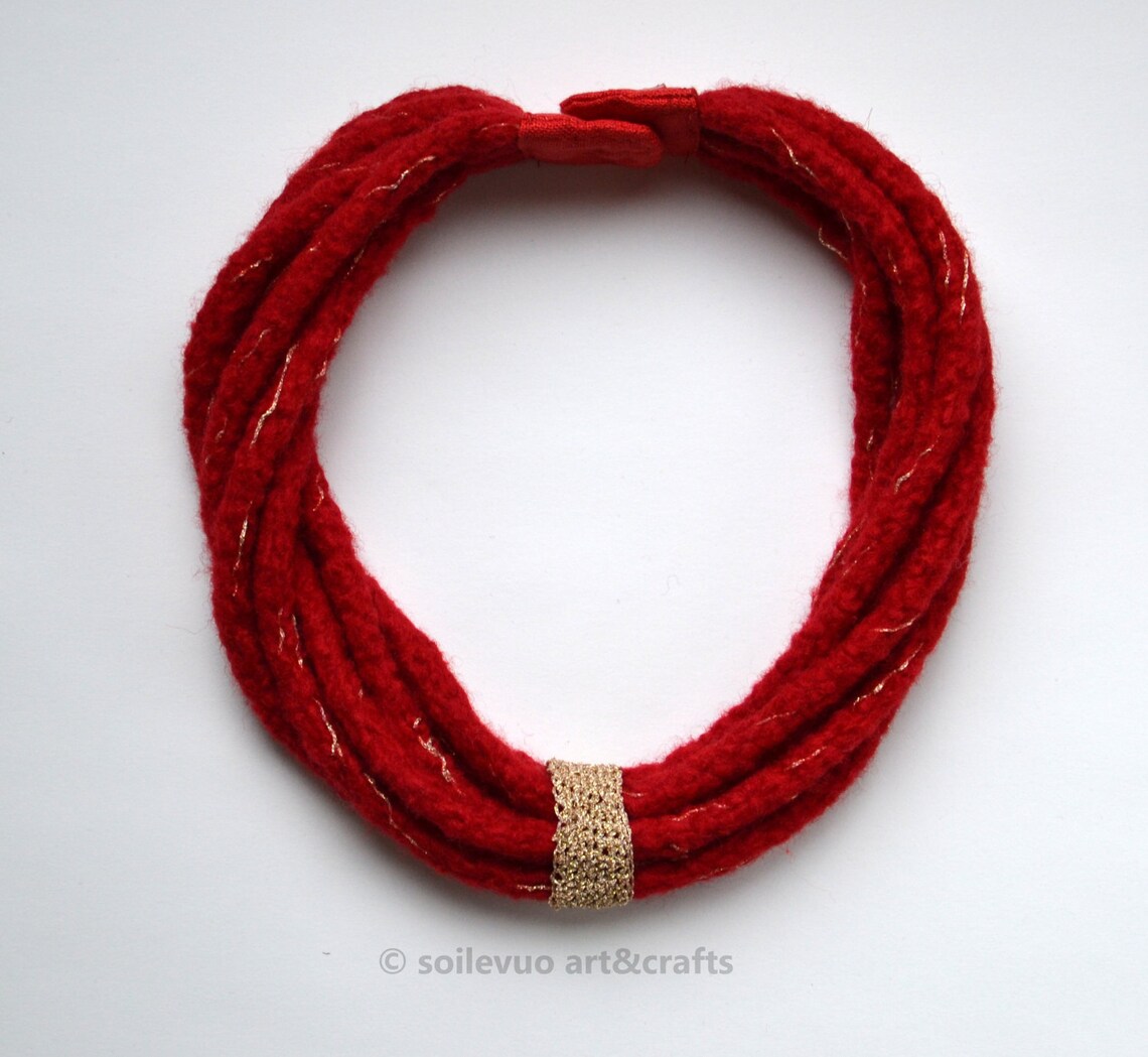 Red Wool Rope Necklace With Gold Colored Effects - Etsy