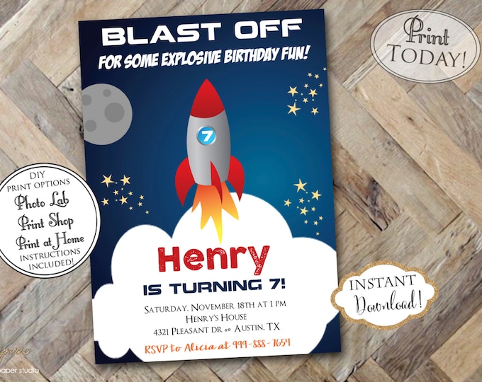 INSTANT DOWNLOAD Rocket Birthday Invitation Space Rocket Party Outer ...