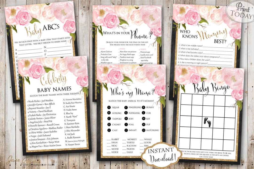 INSTANT DOWNLOAD Floral Printable Baby Shower Games Pink Blush ...