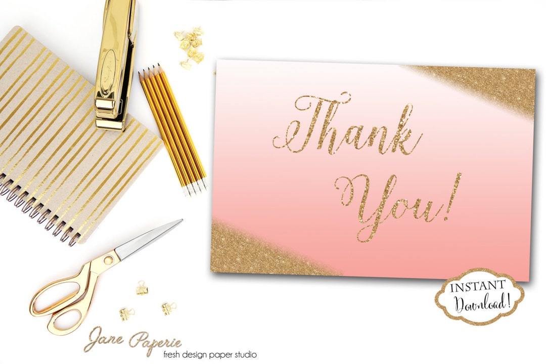 INSTANT DOWNLOAD Coral Ombre Gold Glitter Thank You Card Gold Glitter ...
