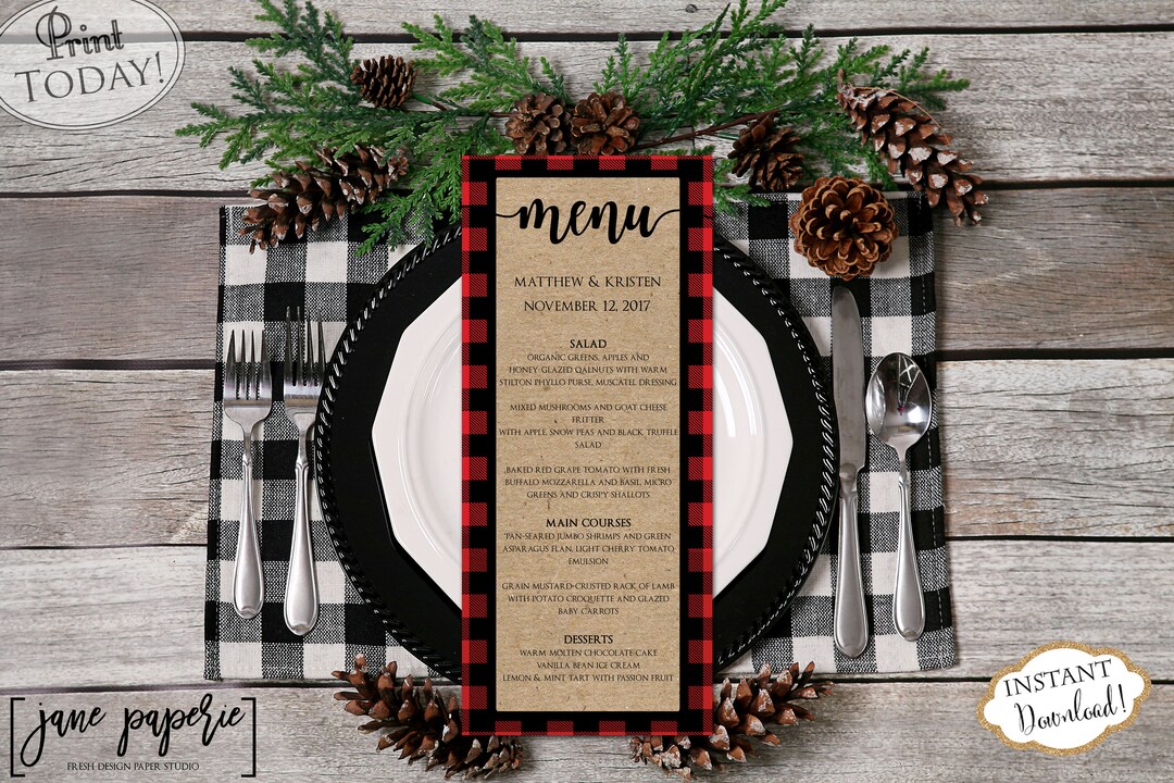 INSTANT DOWNLOAD Plaid Wedding Menu Template Christmas Dinner Printable ...
