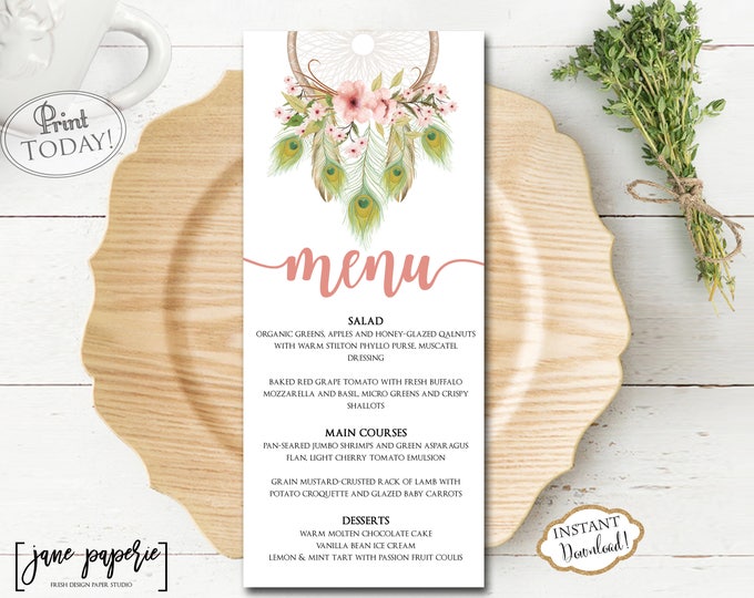 INSTANT DOWNLOAD Boho Wedding Menu Template Floral Printable Menu ...
