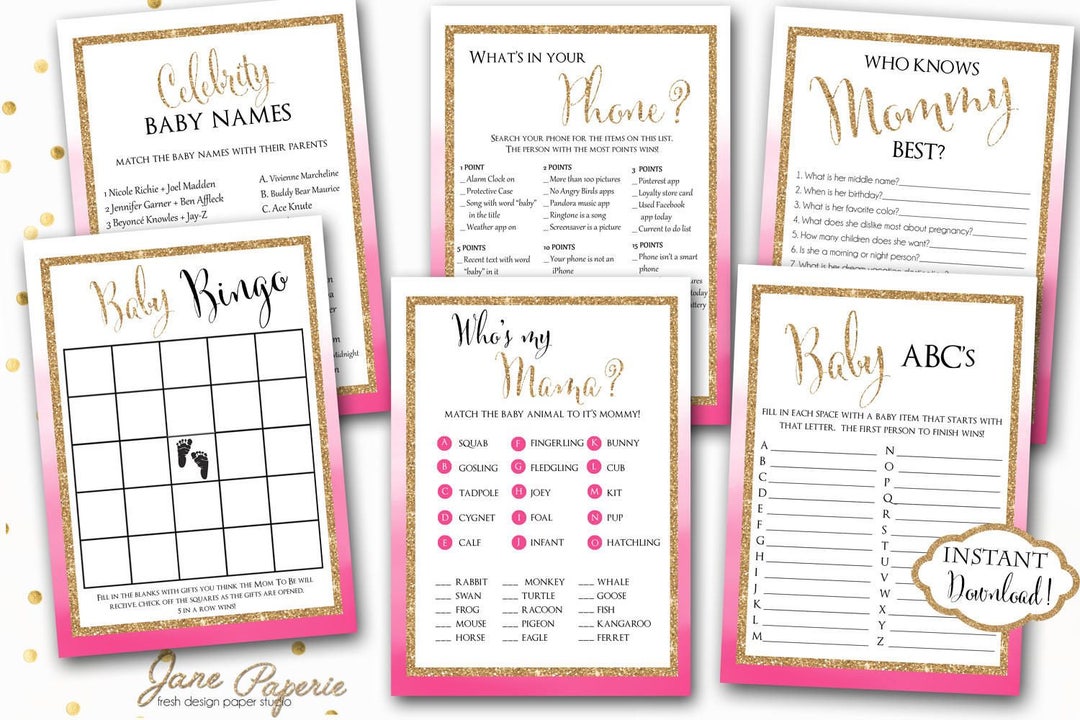 INSTANT DOWNLOAD Pink Ombre Glitter BABY Games Package Printable Baby ...