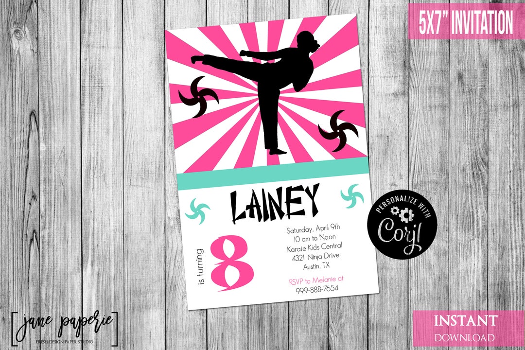 Editable Corj Invite Girl Ninja Birthday Invitation Karate Martial Arts ...