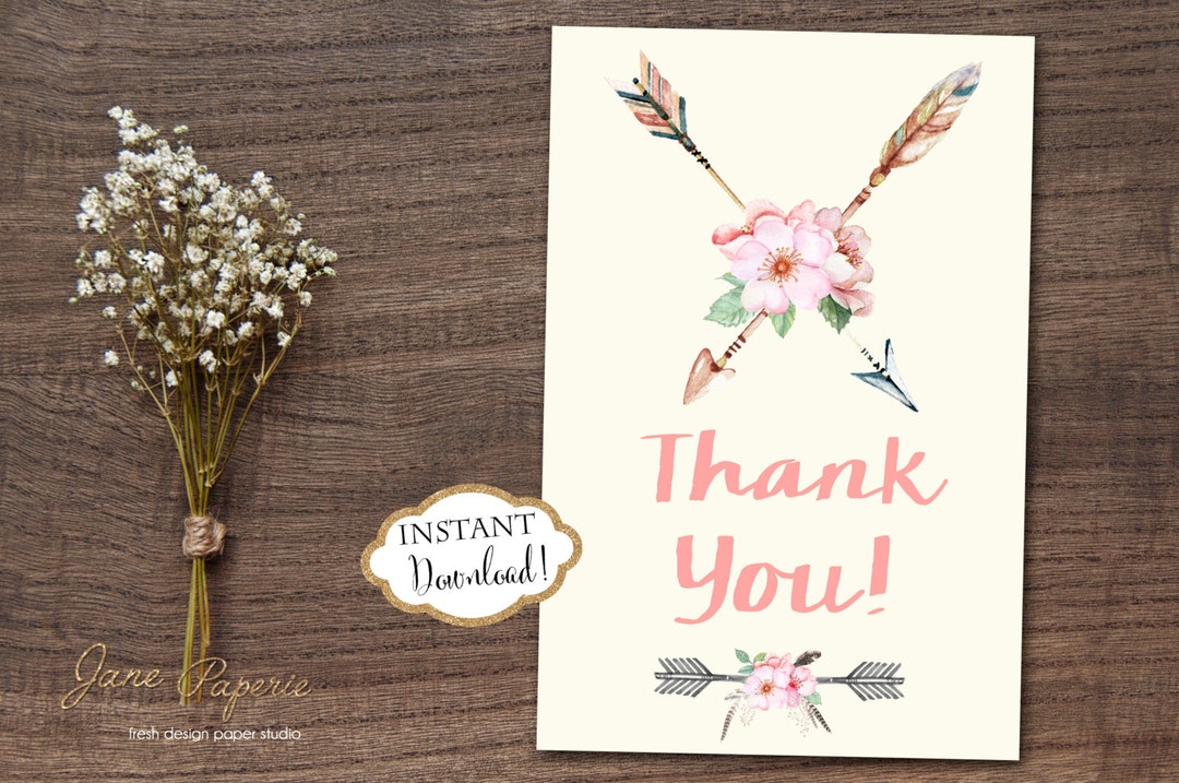 INSTANT DOWNLOAD Pink Floral Boho Thank You Card Tribal - Etsy