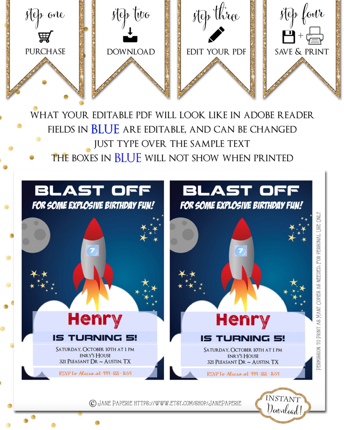 INSTANT DOWNLOAD Rocket Birthday Invitation Space Rocket | Etsy