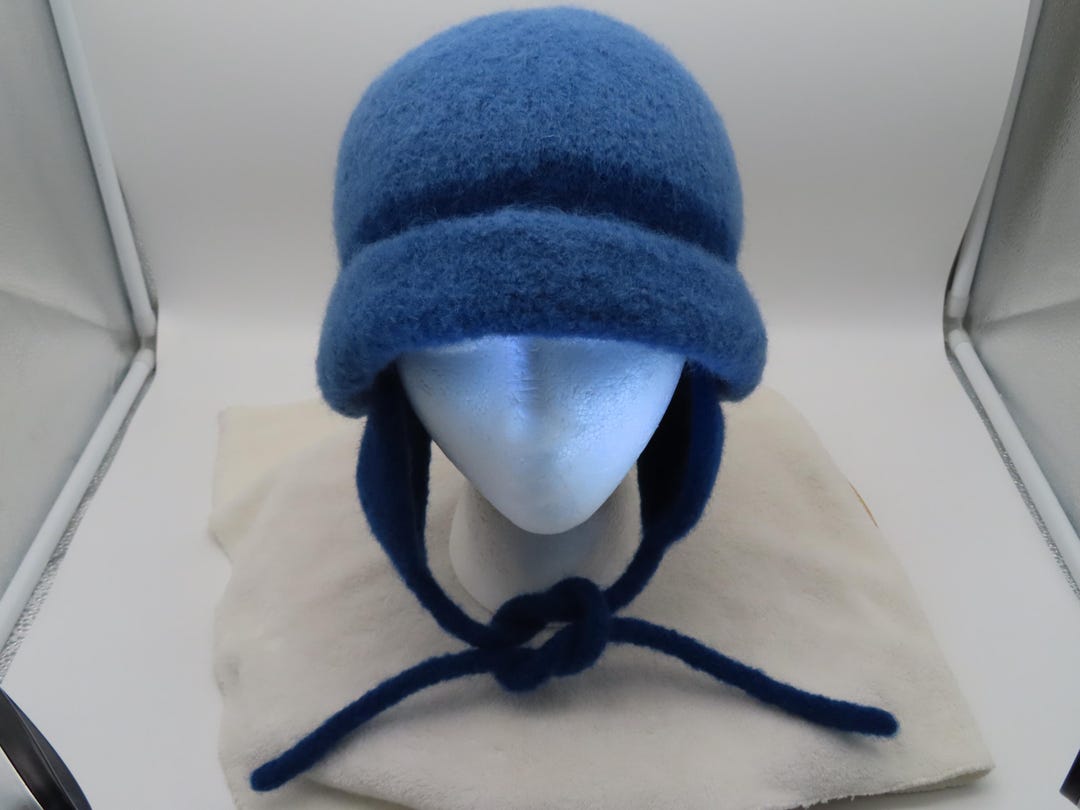 Hat Wool Felted BLUE252 With Rolled Brim Ear Flaps and Ties Med 23" - Etsy