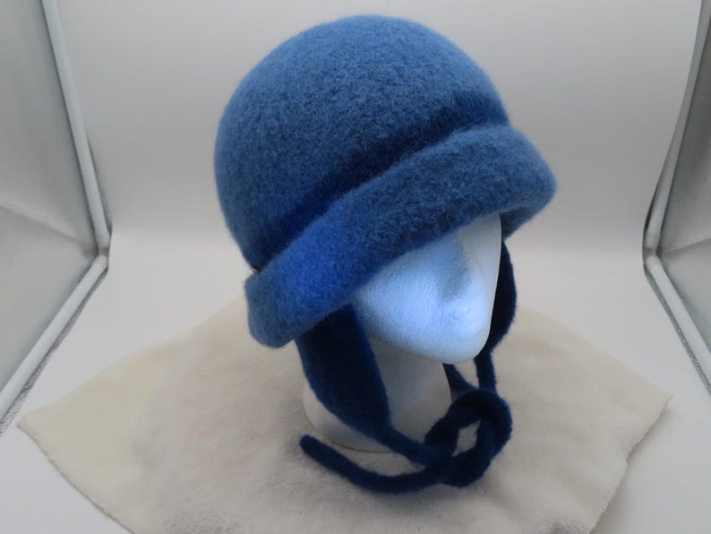 Hat Wool Felted BLUE252 With Rolled Brim Ear Flaps and Ties Med 23" - Etsy