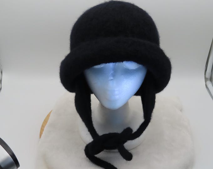 Hat Wool Felted BLACK255 With Ear Flaps Ties and Rolled Brim 23" - Etsy