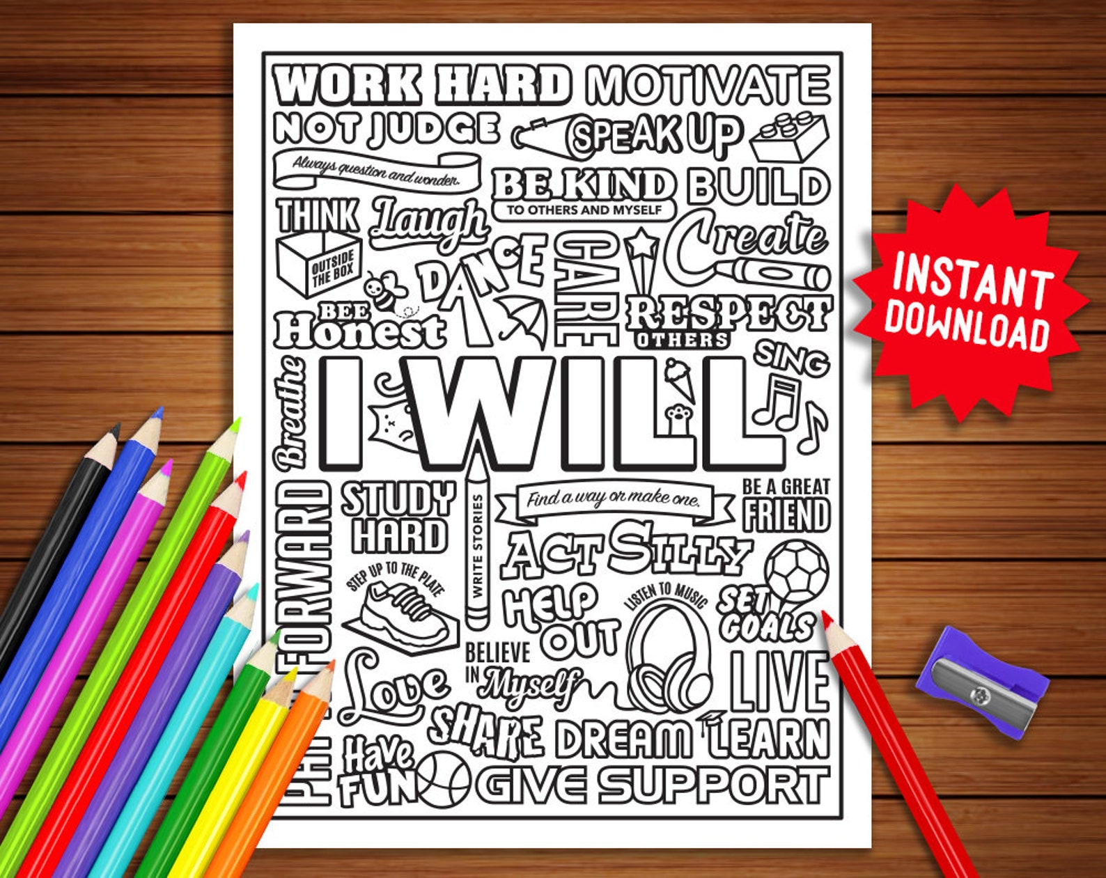 Downloadable I WILL Motivational Quote Coloring Page - Etsy
