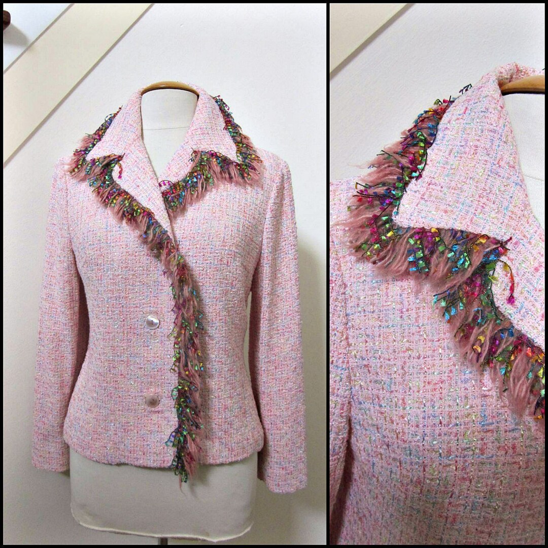 Anne Dee Goldin Tweed Jacket / Fits M / Pink Tweed Jacket / Fringed ...