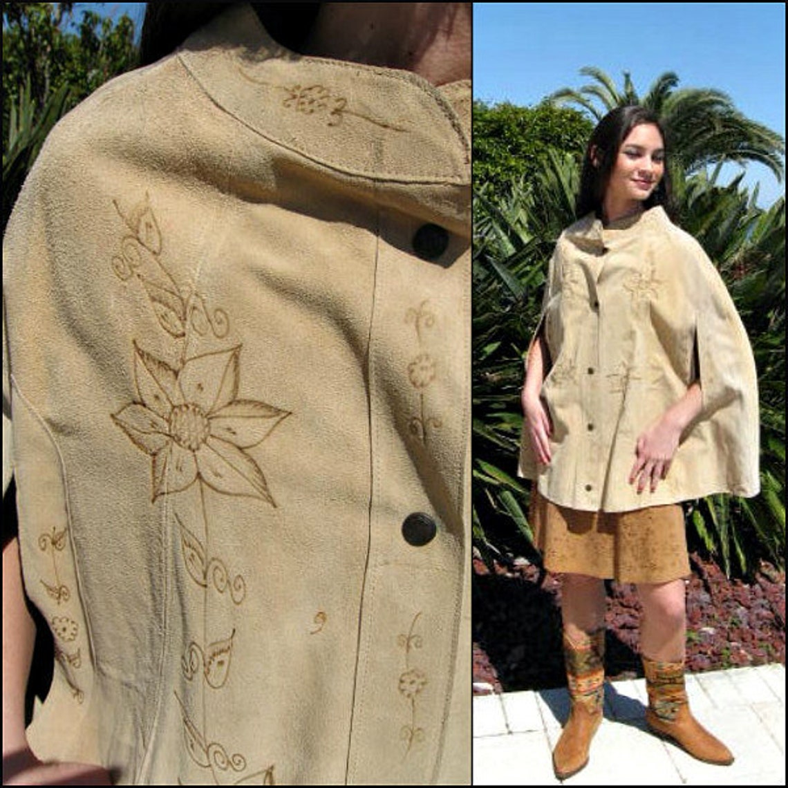 Etched Suede Cape / Vintage Suede Cape / 60s Suede Cape / OSFM / Hippie ...